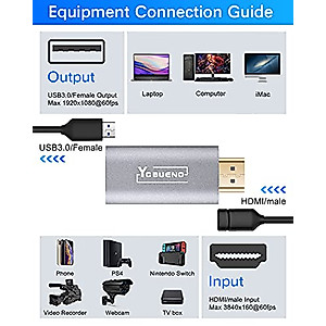 YCBUENO Video Capture Card, 4K HDMI/Male to USB3.0/Female Full HD 1080P/60fps, HDMI Capture Card for Live Broadcast, DSLR, Video Capture Device for High Definition Acquisition, Gaming, Live Stream