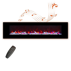 72in Electric Fireplace with Bluetooth Speakers Wall Mounted Linear Fireplace Heater Low Noise Adjustable 8 Flame Colors,8h Timer,Remote Control with Log & Crystal Hearth Options (No-Recessed)