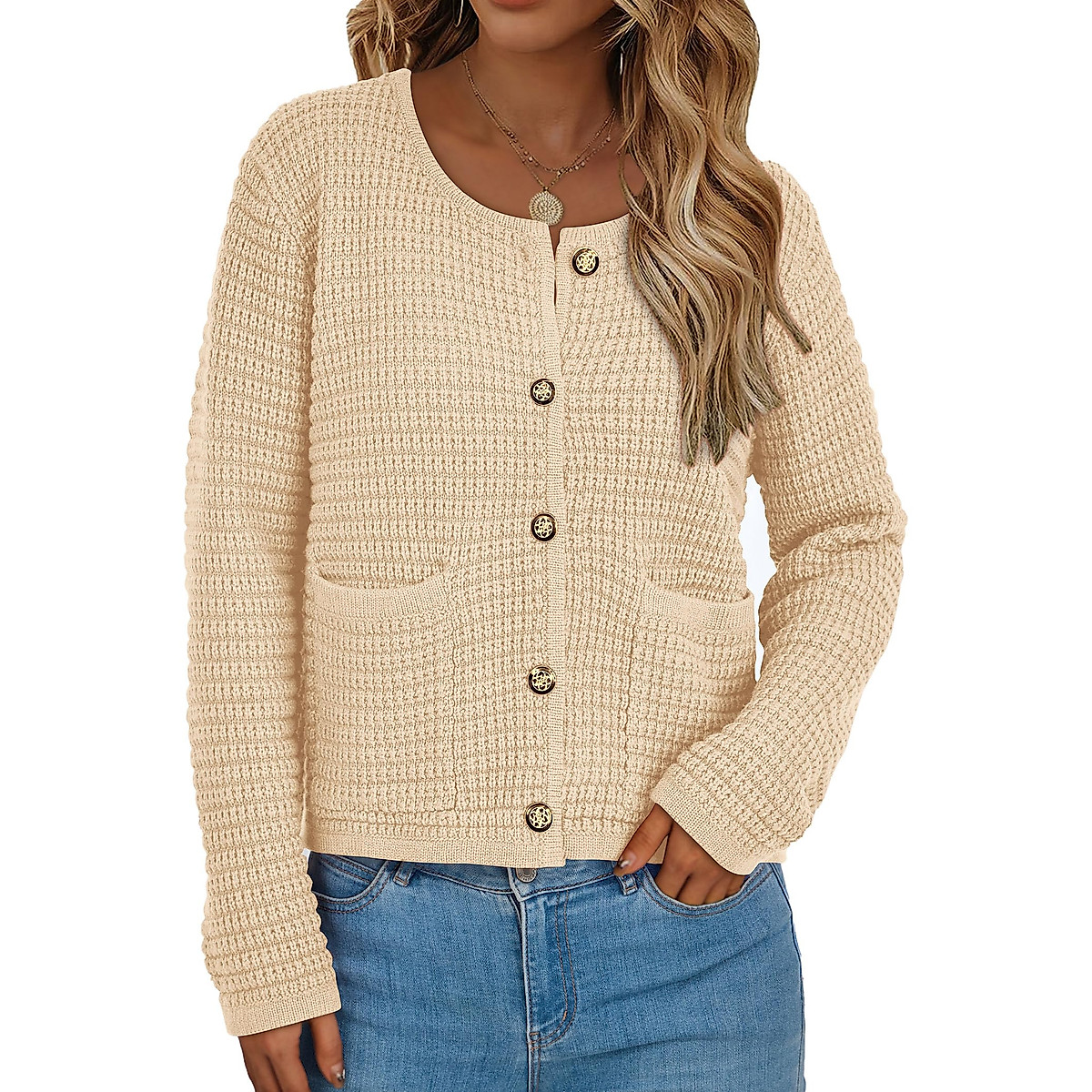 PRETTYGARDEN Women's Knit Cardigan Sweaters Fall Fashion Long Sleeve Open Front Button Down Trendy Casual Sweater Jacket (Beige, Large)