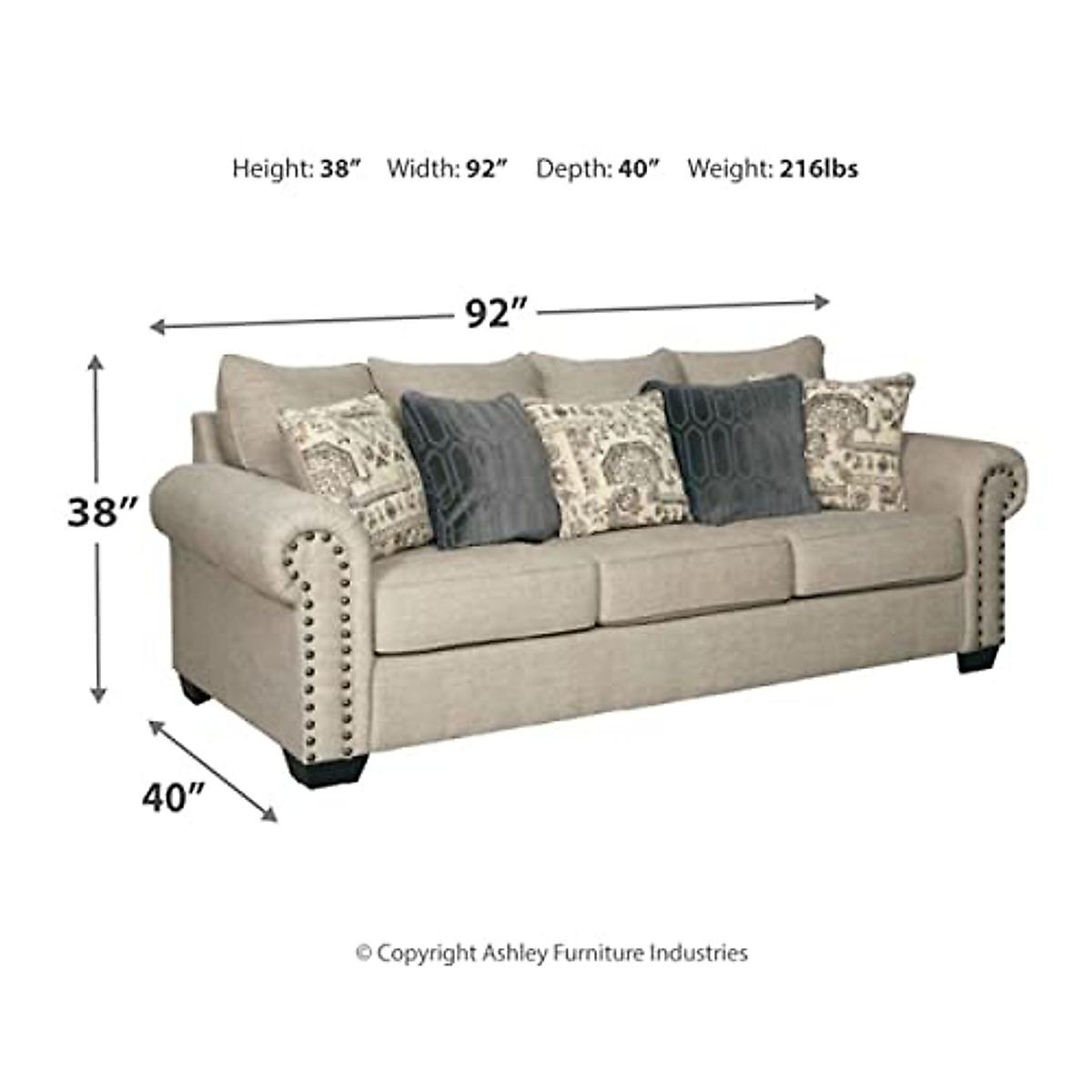 Signature Design by Ashley Zarina New Traditional Queen Sofa Sleeper with Nailhead Trim and 5 Accent Pillows, Beige