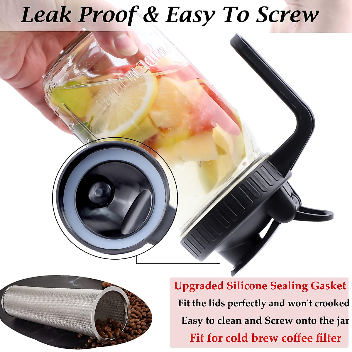 Wide Mouth Mason Jar Lids With Pour Spout And Handle Airtight Leak-proof With Flip Cap Turns Your Mason Jar into Pitcher (Jar Not Included)