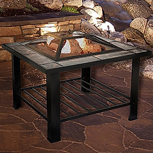 Fire Pit Set, Wood Burning Pit - Includes Screen, Cover and Log Poker - Great for Outdoor and Patio, 30 inch Square Marble Tile Firepit by Pure Garden