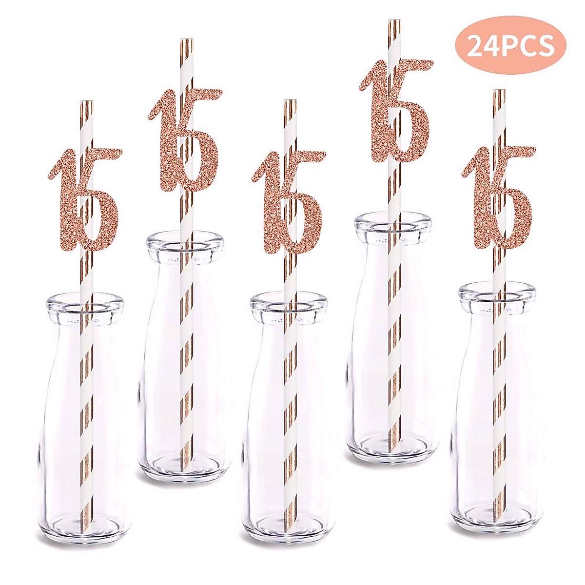 Rose Happy 15th Birthday Straw Decor, Rose Gold Glitter 24pcs Cut-Out Number 15 Party Drinking Decorative Straws, Supplies