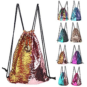 Winmany Mermaid Sequin Backpack Glittering Outdoor Shoulder Bag, Magic Reversible Glitter Drawstring Backpack, Fashion Bling Shining Dance Bag, Sports Backpack Bag (Pink Gold)