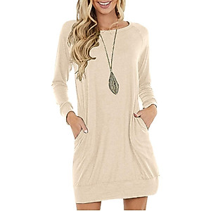 PrinStory Women's Long Sleeves Dresses Causal Loose Round-Neck Tuinc Tops Basic Dress with Side Pockets US Large FP VG-Beige