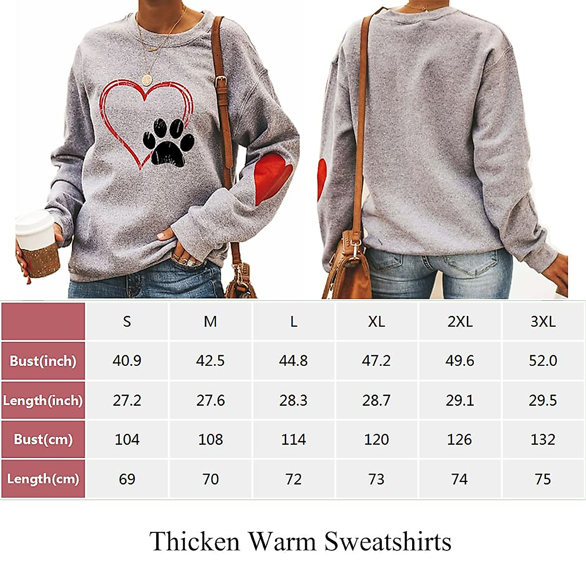 Love Heart Dog Paw Print Sweatshirts Women Long Sleeve Pullover Tops Casual Blouse Mother's Day Gray X-Large