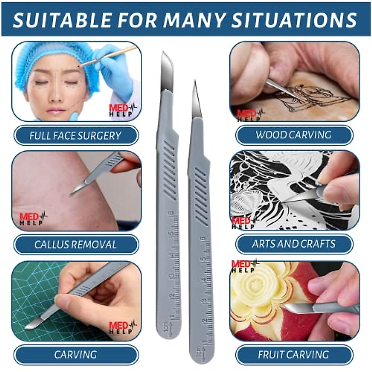 MedHelp Disposable Scalpels #10 + 11 ● Box of 20 Disposable Dermaplaning Blades with Plastic Handle, Scalpel Blades, High Carbon Steel Dermablade Blades Individually Wrapped Sterile