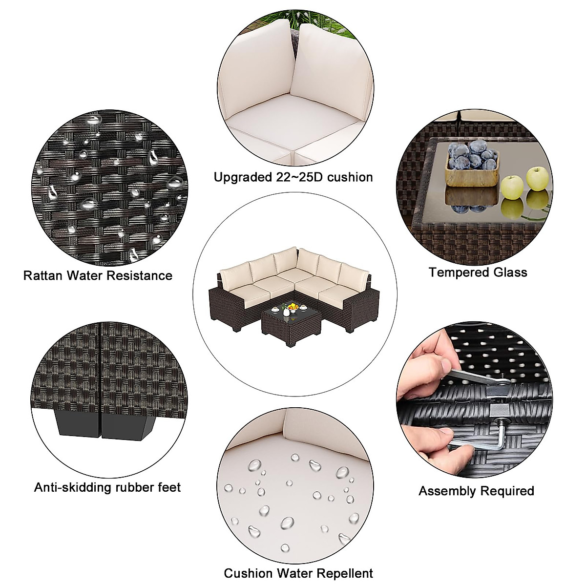 GAOMON 6 Piece Patio Furniture Sets,Outdoor Patio Sofa,Rattan Furniture Set with Glass Table,Wicker Sectional Sofa Conversation Couch,Cushions and Beige Pillows,for Lawn, Garden, Backyard