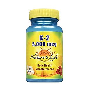 Nature's Life Vitamin K2 5000mcg | High Potency MK4 Formula Helps Support Bone & Cardiovascular Health | Non-GMO | 60 Vegetarian Tablets