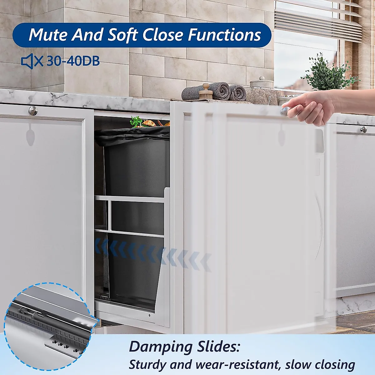 Insputer 40 QT 10 Gal Pull Out Trash Can Under Cabinet, Heavy Duty Under Sink Garbage Can Kit with Soft-Close Slides for Kitchen, Laundry, Requires Minimum Cabinets Opening 12" W X 18" D