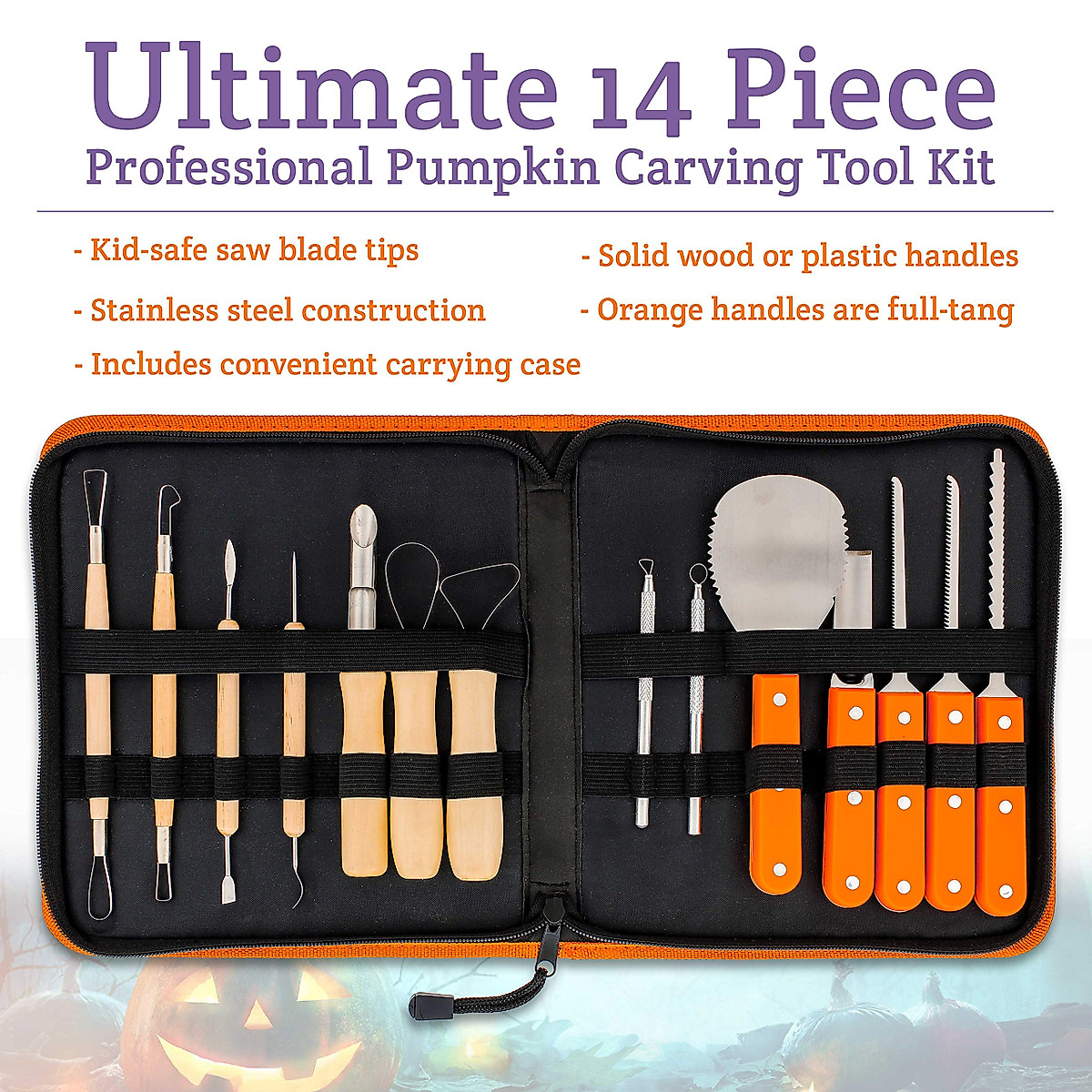 Halloween Haunters Ultimate 14 Piece Professional Pumpkin Carving Tool Kit - Easily Carve Sculpt Halloween Jack-O-Lanterns - 18 Cuts, Scoops, Scrapers, Saws, Loops