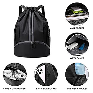 Qoosea Drawstring Backpack Sports Gym Sackpack with Side Mesh Pockets Shoe Compartment Water Resistant String Bag for Women Men (Black)