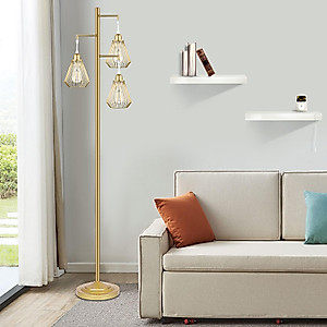 QiMH Industrial Floor Lamps for Living Room, Tree Standing Lamp with 3 Teardrop Cage Shades, 68" Modern Tall Lamps for Bedroom Office Home Light Decor, E26 Socket, Pedal Switch, Brass Gold