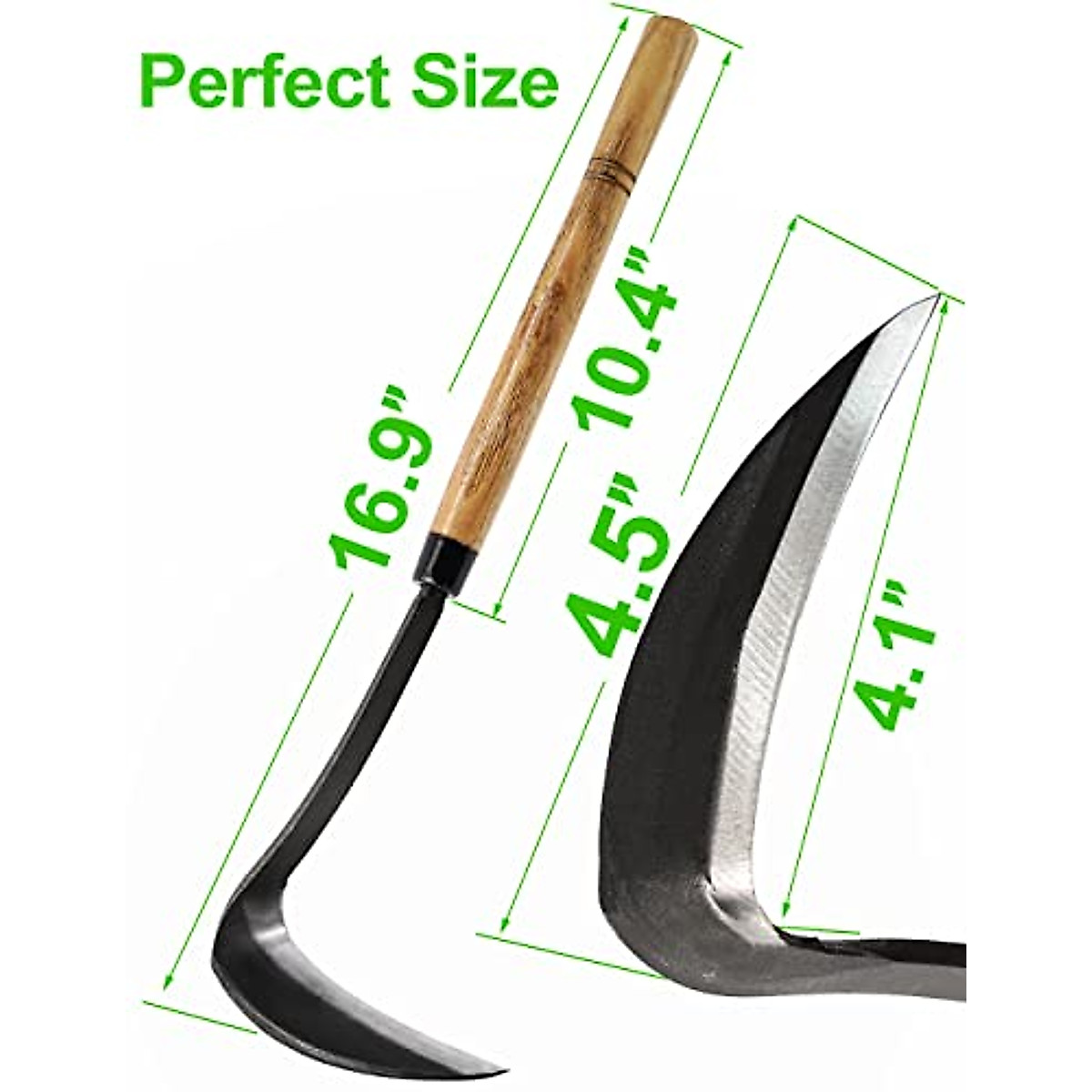 Japanese Weeding Sickle Hoe, 17" Gardening Hand Weeder Nejiri Kama Blade Tool Digging and Cutting Weed Remover, High-Carbon Steel One-Piece Molding with Hard Wood Handle, Very Sharp Edge Quick Work
