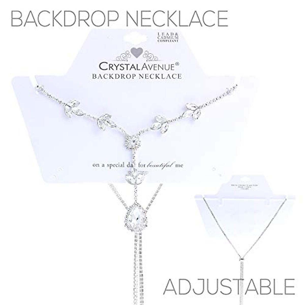 Rosemarie Collections Women's Elegant Crystal Rhinestone Adjustable Slide Backdrop Style Bridal Necklace (Silver Tone Marquis Leaf)