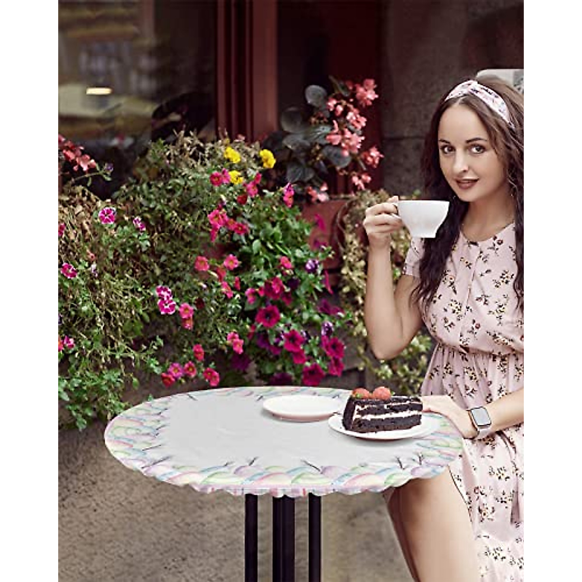 Easter Egg Round Tablecloth Fitted Table Cover,Elastic Tablecloths Waterproof Outdoor Indoor Stretch Cloth Tablecover for Dinner,Colored Egg Spring Holiday Cotton Pink Purple Buffalo Plaid 45-54IN