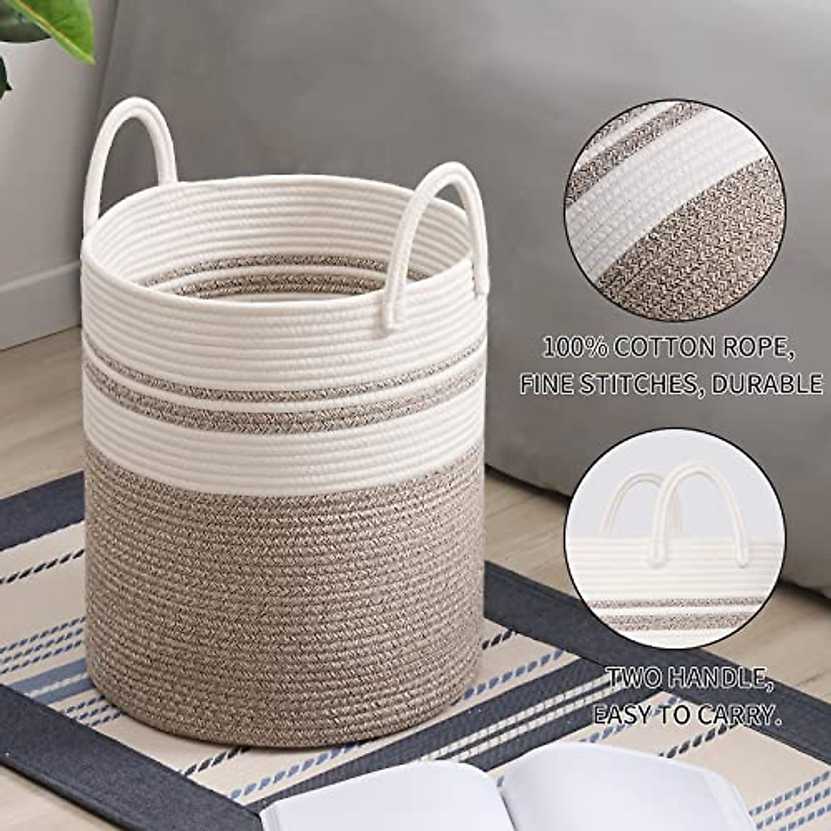 3pcs Blanket Basket, 1pc 40L Cotton Rope Lundry Hamper and 2pcs Mesh Lundry Bag, Storage Basket with handle for Living Room, Laundry Basket for Pillows Toys Clothes. (40L)
