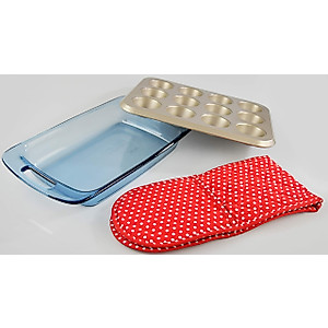 Home-X Red Polk Dot Double Oven Mitt for Cooking and Serving, Heat Resistant, Extra Long Potholder, Oven Gloves to Protect Hands and Arms, Machine Washable -32”L