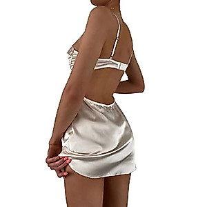 SweatyRocks Women's Lingerie Lace Trim Satin Silk Nightgown Sleepwear Dress White S