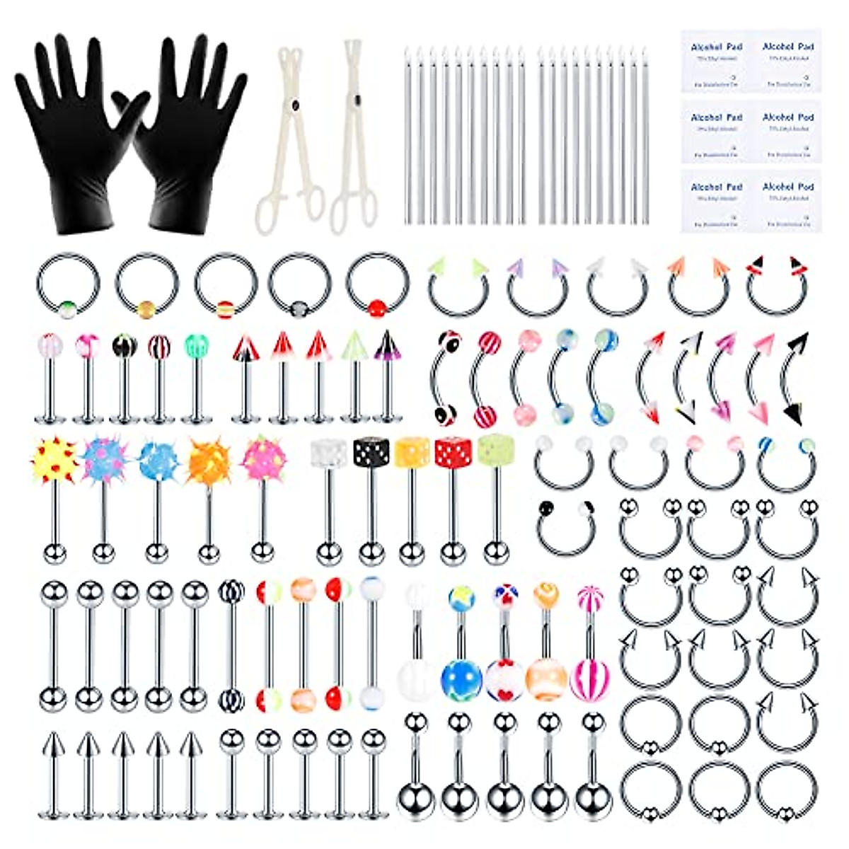 Xpircn 120PCS Piercing Jewelry Kit Piercing Needles Stainless Steel Acrylic 14G 16G Nose Septum Horseshoe Lip Tongue Eyebrow Tragus Belly Tongue Nipple Barbell Rings Tool Kit