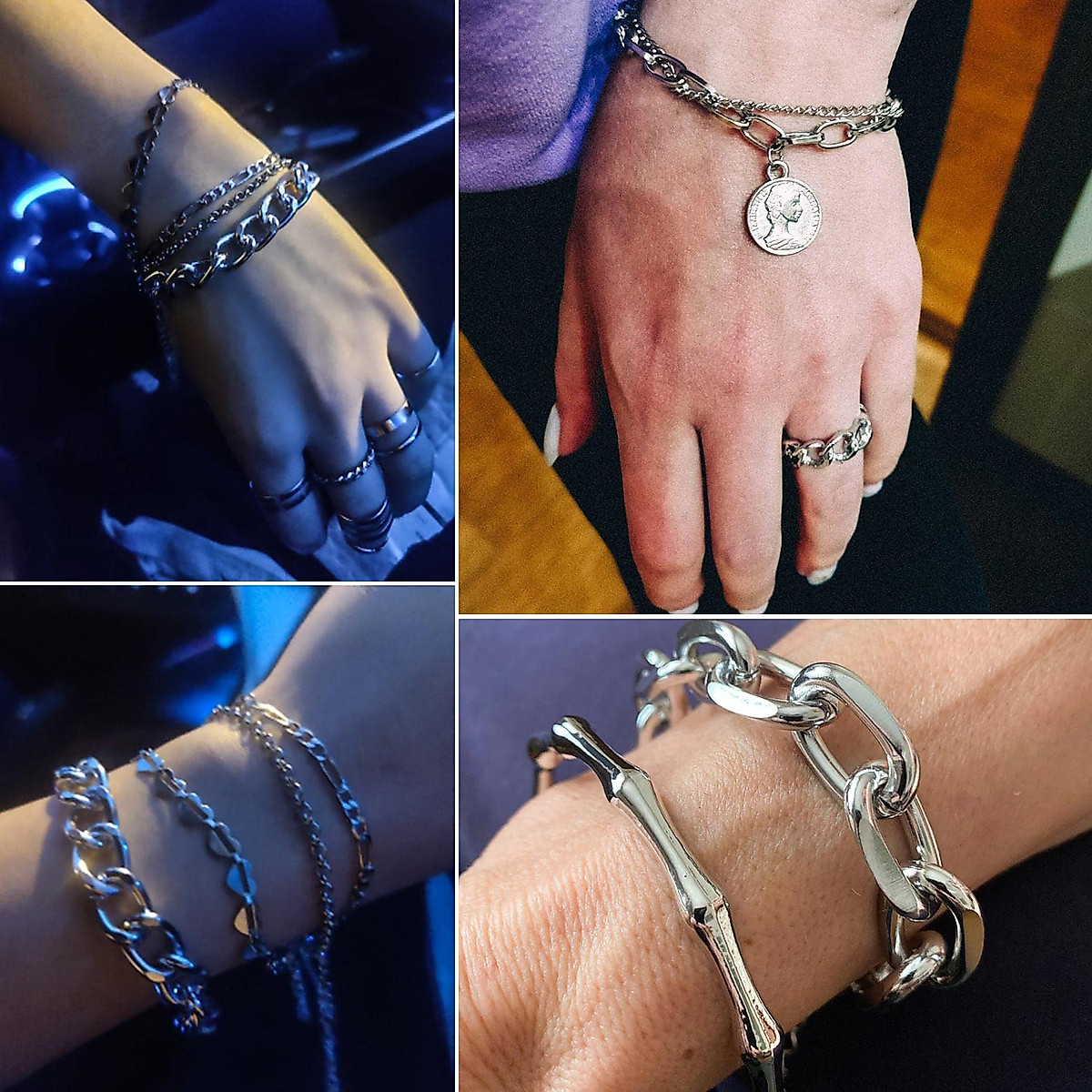 17IF 18 Pcs (6 Pack) Silver Bracelets Set for Women Boho Aesthetic Layered Stackable 14K Bangle Adjustable Cuff Grunge Italian Cuban Charm Chunky Simple Layering Bracelet Jewelry