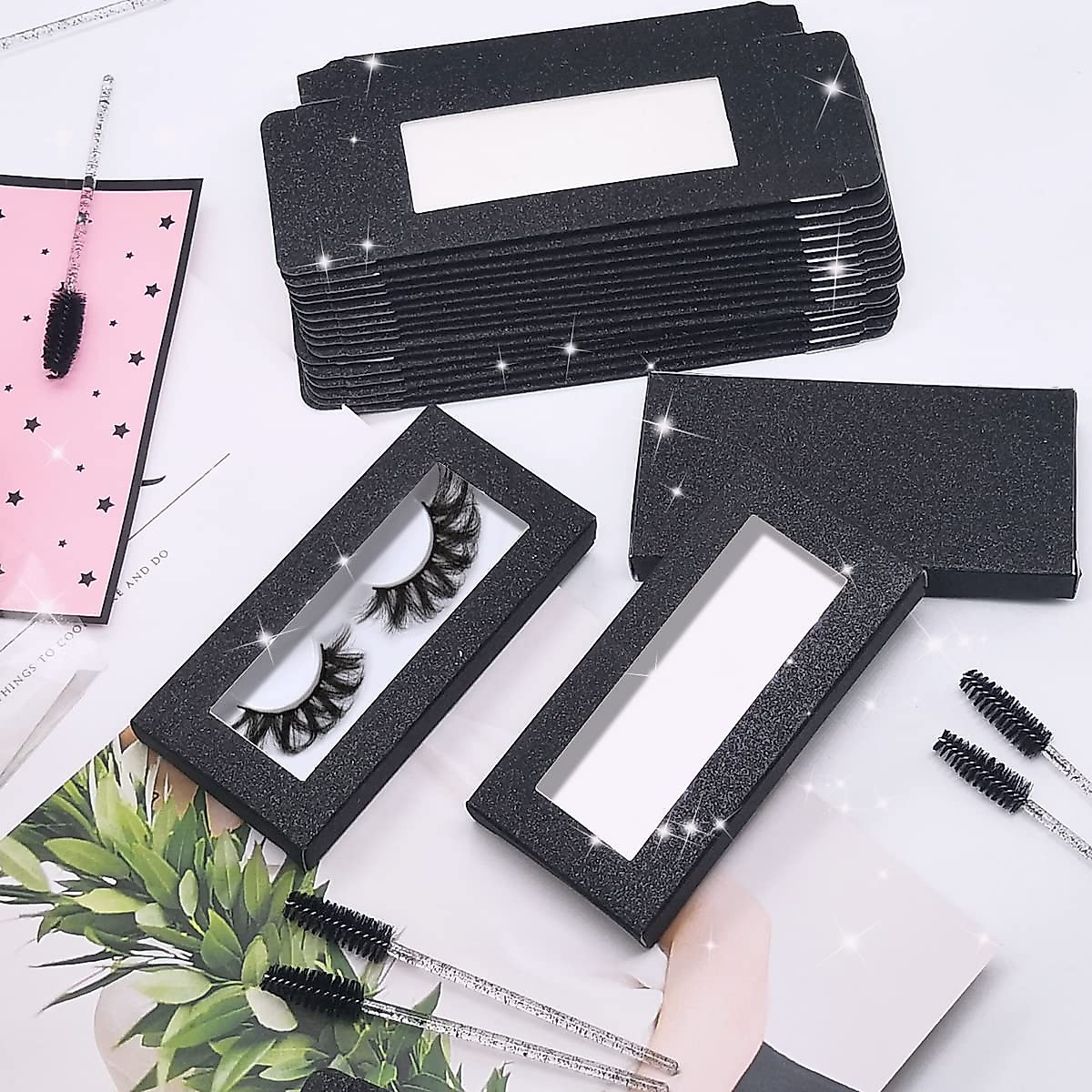 SiSiMu 40 Pieces Lash Packaging Wholesale Containers 20 Pieces Empty Lash Boxes Eyelashes Box Glitter Paper Boxes Soft Paper Lash Case Storage with 20pcs Disposable Mascara Wands(Black)