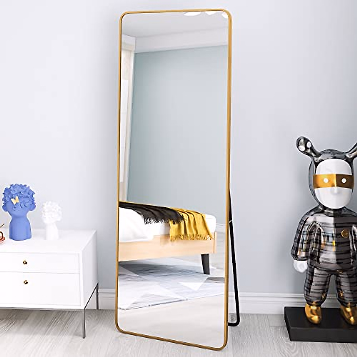 Square Rounded Corners Full Length Mirror Floor Mirror, Bedroom Mirror ，Dressing Mirror with Gold Aluminum Alloy Frame，65" x 22"