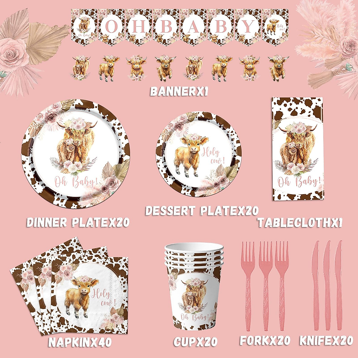 142Pcs Highland Cow Birthday Plates and Napkins,Highland Cow Baby Shower Decorations Brown Cow Print Party Supplies for Baby Shower,Holy Cow Party（20 Guests）