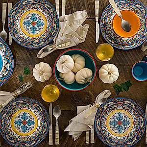 Euro Ceramica Zanzibar Collection Vibrant 10.9" Ceramic Dinner Plates, Set of 4, Spanish Floral Design, Multicolor