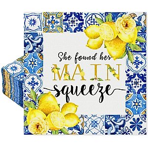 AnyDesign 80 Pack Lemon Luncheon Napkins Disposable She Found Her Main Squeeze Paper Decorative Napkins Blue Tiles Print Dessert Dinner Hand Napkin for Buffet Party Supplies Decoration, 6.5 x 6.5 In