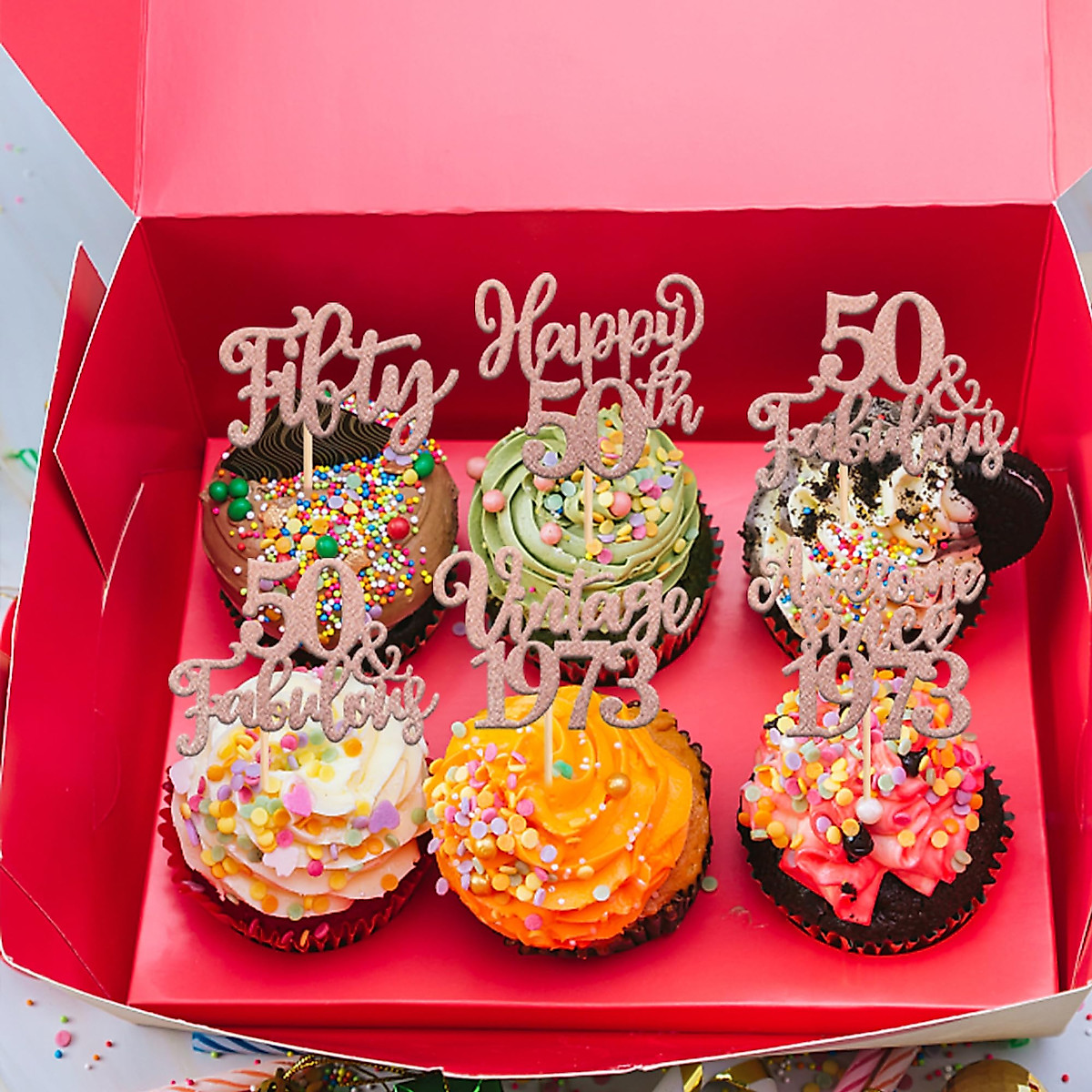 30 PCS Happy 50th Birthday Cupcake Toppers Glitter Fifty 50 Fabulous Vintage 1973 Cupcake Picks Cheers to 50 Years Cake Decorations for 50th Birthday Anniversary Party Supplies Rose Gold