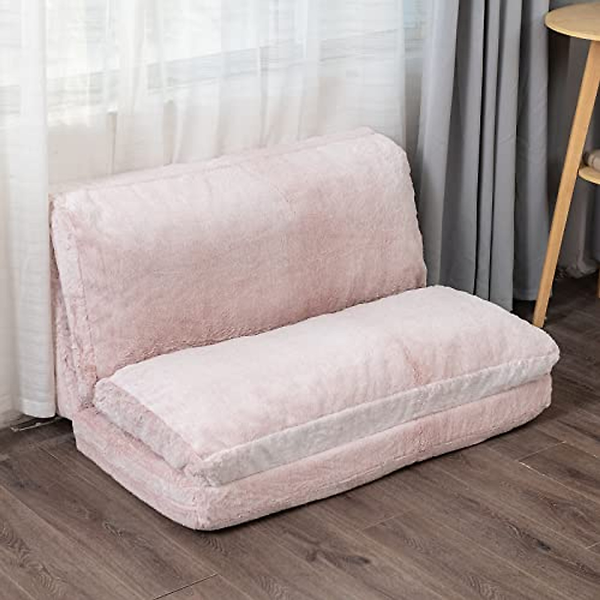 LITA Folding Mattress Sofa, Foldable Double Sofa Bed Foam Filling Convertible Sleeper Sofa Bed Modern Soft Faux Fur Wall Sofa Bed with Removable Cover for Living Room/Apartment/Dorm, Pink