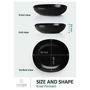 Teocera Pasta Bowls, Salad Bowls Set, Large Serving Bowls, 50 Ounce Porcelain Matte Black Bowls Set of 4 - Square Design, Microwave Dishwasher Safe