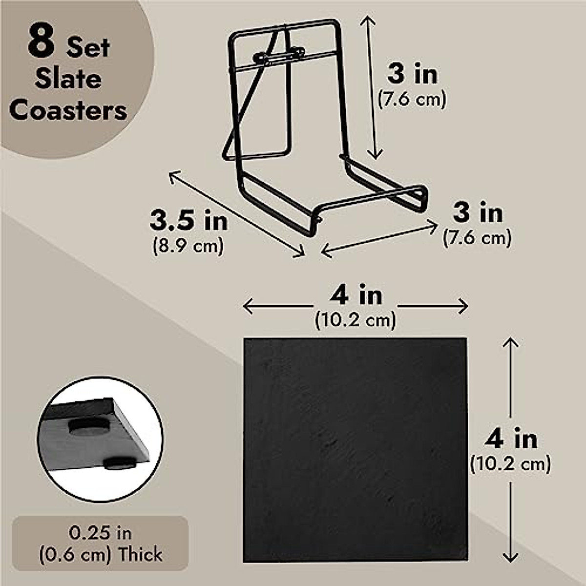 Set of 8 Square Black Slate Coasters with Holder for Coffee Table (4x4 in)