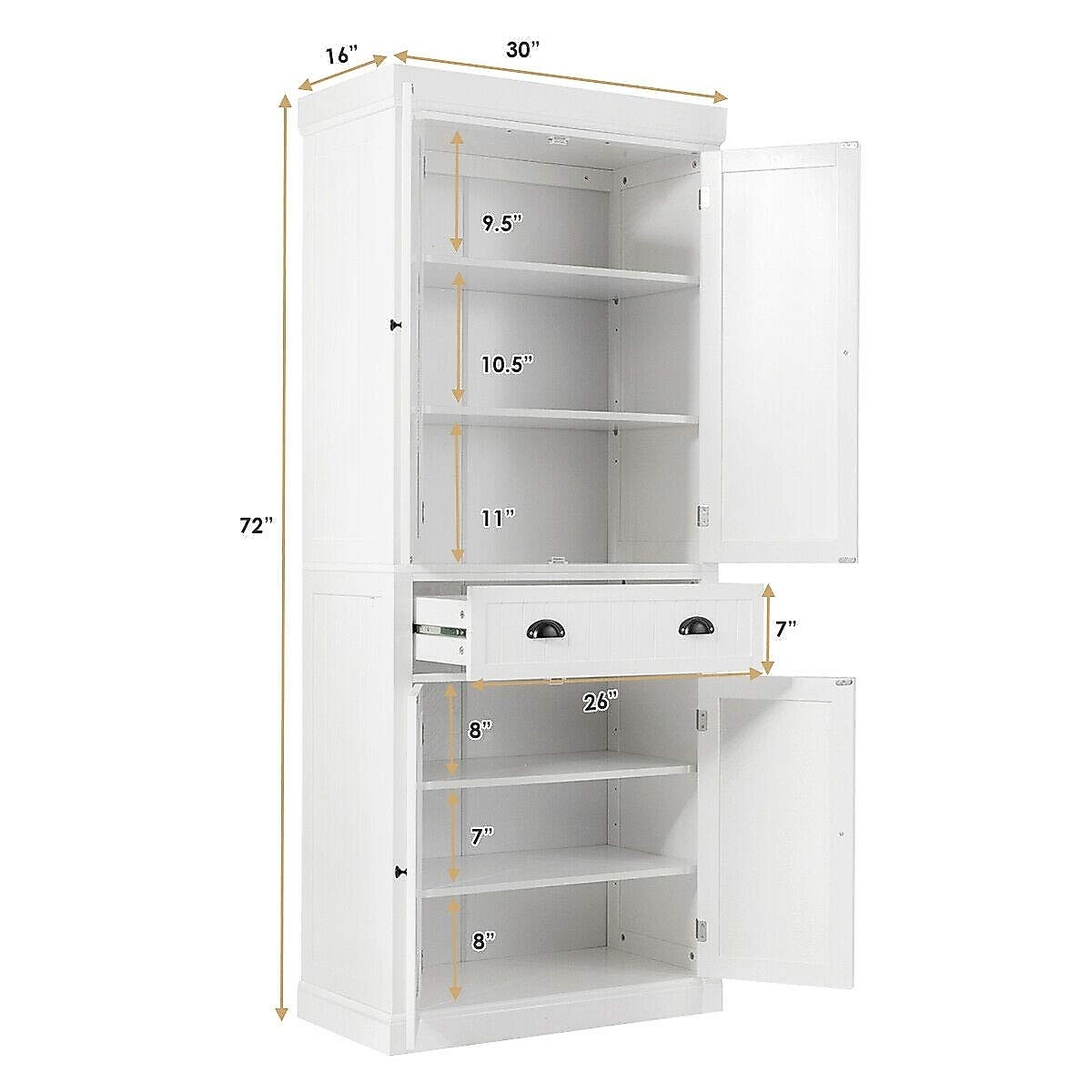 Huippy 72 inch Double Door Cupboard Freestanding Kitchen Pantry Cabinet with Four Adjustable Shelves and One Large Drawer for Kitchen Living Room Bedroom Hallway Home Office Storage (White)