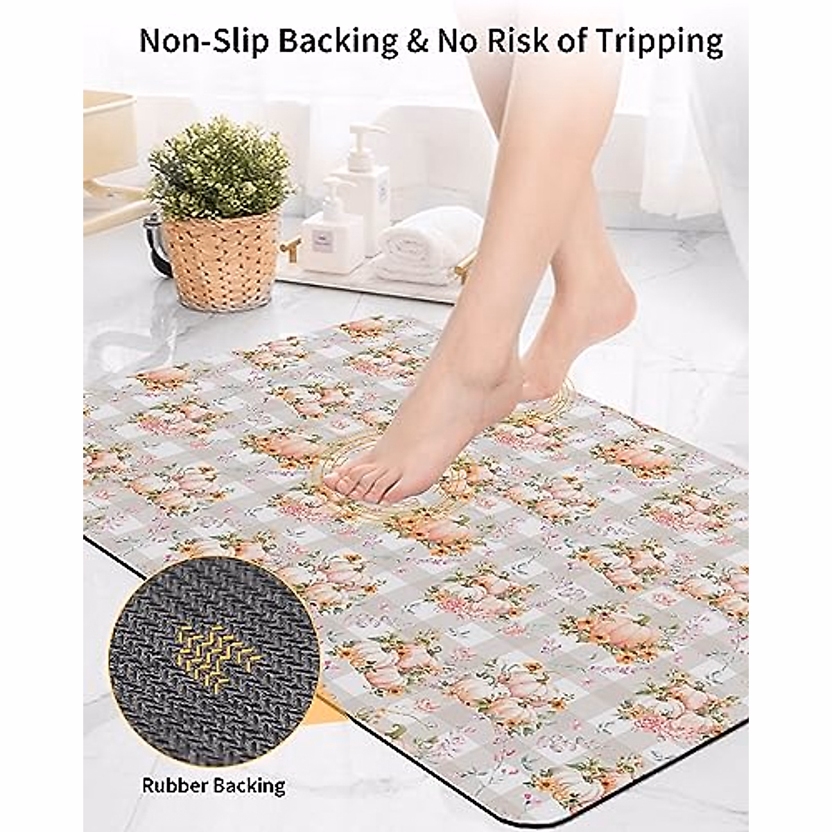 Pumpkin Sunflower Bath Mat for Tub,Non Slip Bathroom Floor Runner Rug Quick Dry & Absorbent Diatomaceous Earth Kitchen Shower Sink Washable Doormat,Thanksgiving Fall Eucalyptus Leaves Lattice 16"x24"