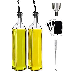 Leaflai Olive Oil Dispenser Bottle, 2 Pcs Glass Olive Oil Dispenser and Vinegar Dispenser Set with 4 Labels,1 Brush and 1 Funnel Oil Bottles for Kitchen (500ml)