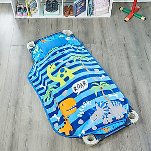 EVERYDAY KIDS Cute Preschooler and Toddler Cot Nap Mat for Home, Daycare, Preschool and Kindergarten; Easy to Roll Sleeping Mat with Elastic Straps, Pillow and Blanket