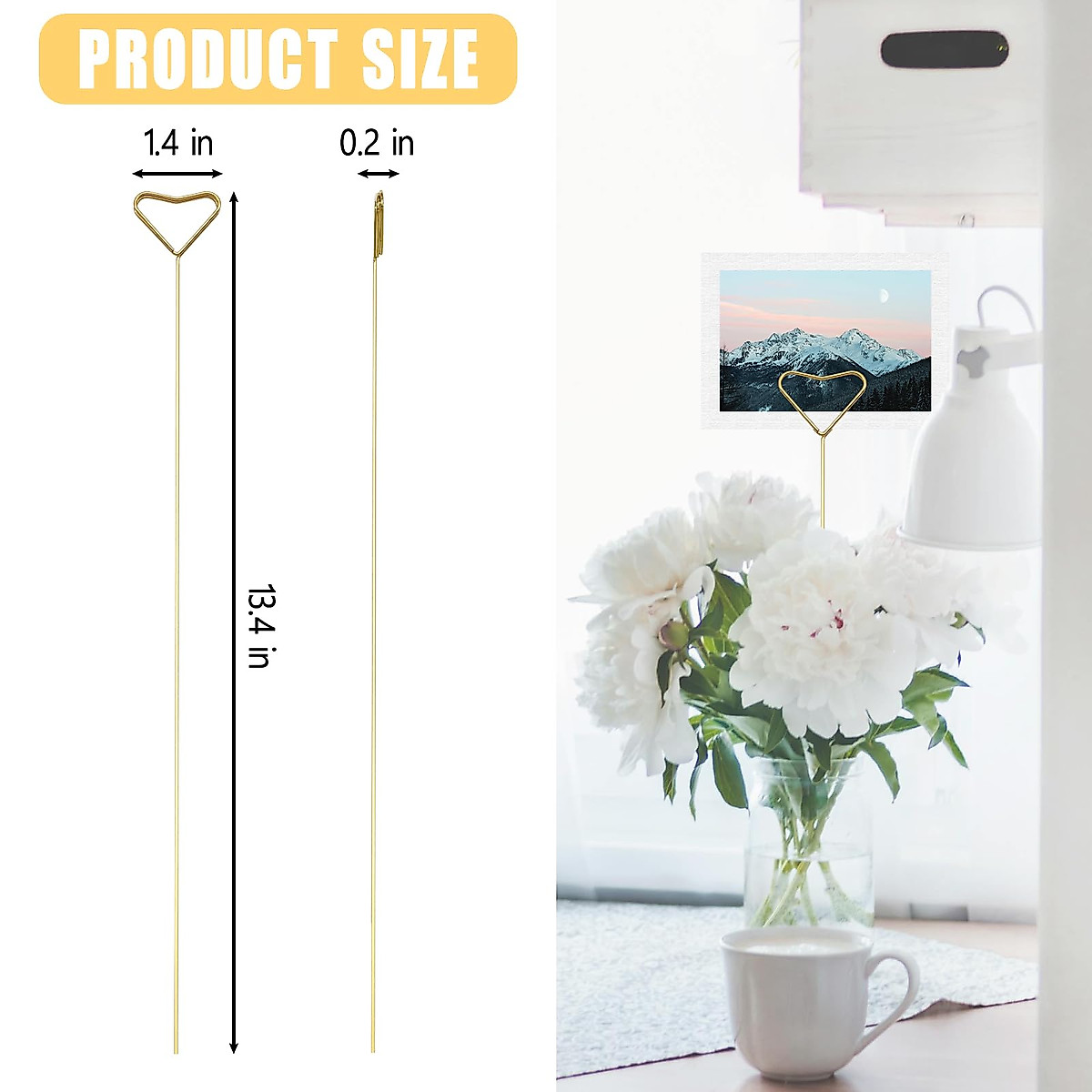 DSYIL 60 Pack Floral Picks Bulk, Heart Shap Floral Place Card Holder, Metal Photo Picks for Gift Card, Centerpieces and Party Favor, 13.4 Inches