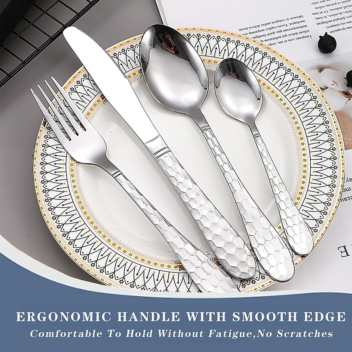 24 Pieces Silverware Set, Stainless Steel Flatware Set with Holder,Mirror Polished Utensils Set Service for 6,Durable Kitchen Eating Tableware Set,Include Fork Knife Spoon Set,Dishwasher Safe (Silver)