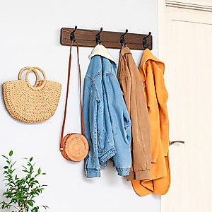 NicQliear Wall Mounted Coat Rack - Metal Coat Hooks Hanger with Pine Solid Wood Board, 4 Black Literary Rustic Hooks Rail Wall Mount for Hanging Coats, Clothes, Bags, Hat, Towel