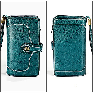 Behaniu Womens Multi Card slots Geniune Leather Wallet with Zipper Pocket Large Capacity RFID Blocking Credit Card Holder for Women (Peafowl Blue), Medium