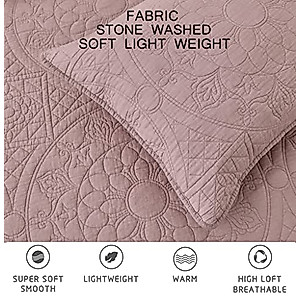Chezmoi Collection Octavia 3-Piece Floral Medallion Embroidered Bedspread Coverlet Set - All Season Bed Cover Pre-Washed Cotton Quilt Set, Queen Size, Woodrose