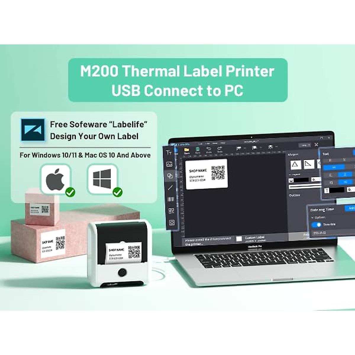 Memoqueen Label Maker Machine with 3 Roll Labels M200 Portable Label Makers, Upgrade 3 Inch Bluetooth Thermal Barcode Label Printer for Small Business/Home Use, for Retail, Logo, Labeling, Name, White