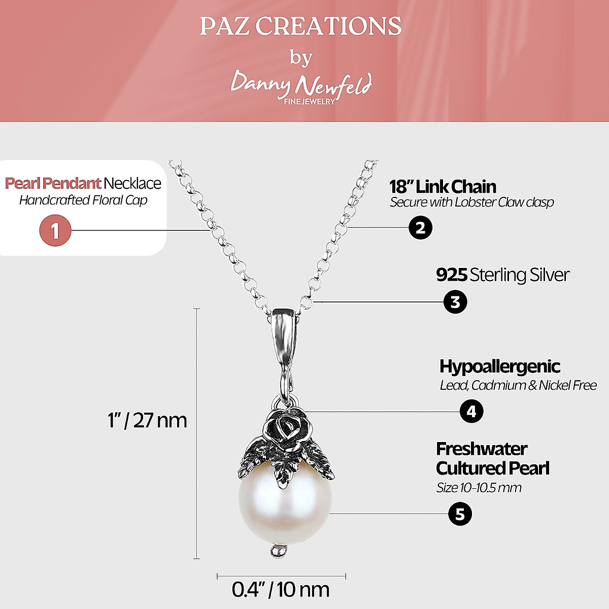 Paz Creations 925 Sterling Silver Pearl Pendant Necklace with Round Ball-Shape White Freshwater Pearl and Handcrafted Floral Cap - Natural Elegant Jewelry