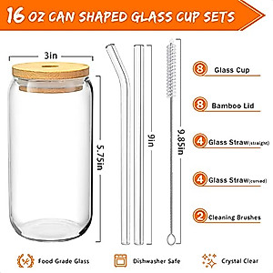 8 Pcs Drinking Glasses with Bamboo Lids and Glass Straw - 16 Oz Can Shaped Glass Cups Beer Glasses Ice Coffee Glasses Cute Tumbler Cup Great for Soda Boba Tea Cocktail Include 2 Cleaning Brushes