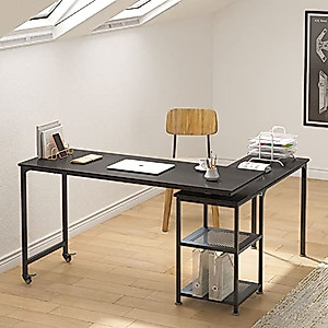 soges Reversible L Shaped Desk, 360° Free Rotating Corner Computer Desk, 55 inch L Desk with Storage Shelves for Home Office, Modern Study Writing Table Workstation, Black