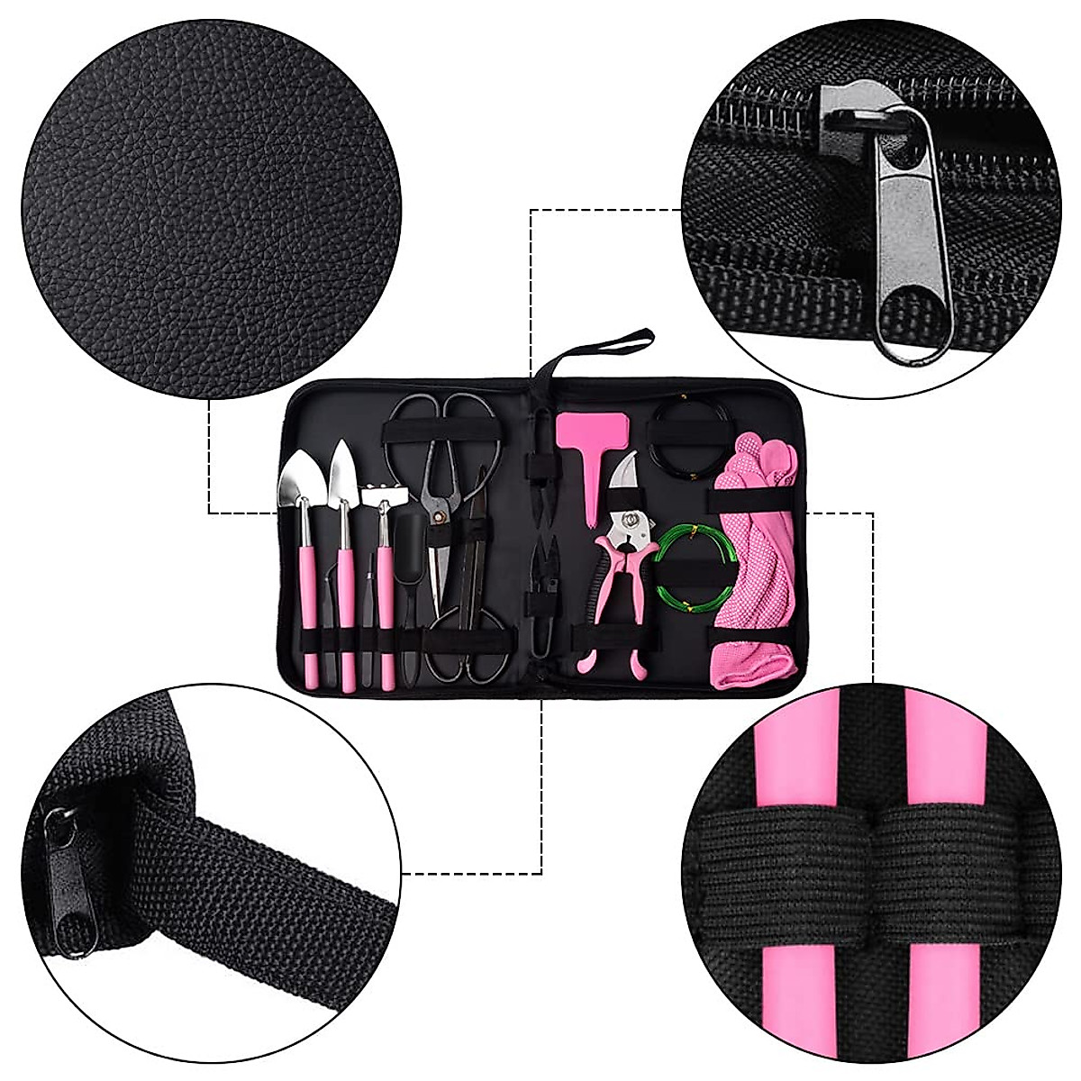 BUDDE Bonsai Tree Kit Tools Set Succulent 21 PCS Garden Hand Tool Include Pruning Shears, Carbon Steel Scissors, Perfect Starter Gardening Trimming Tools(pink), (A2ZJYYPJGJpink)