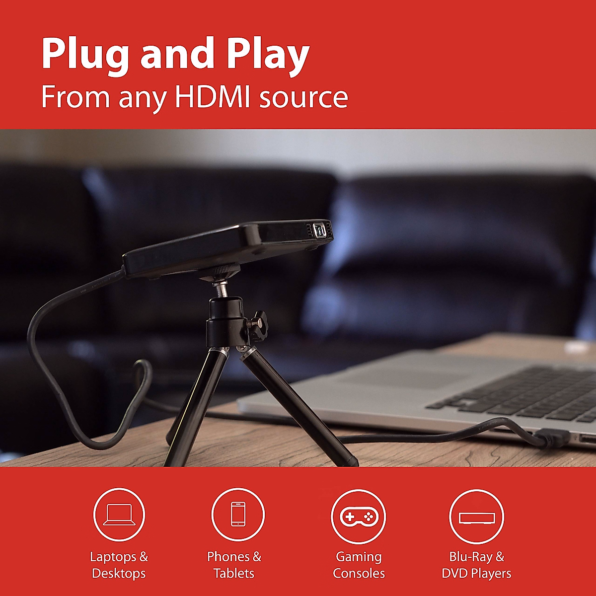 Magnasonic LED Pocket Pico Video Projector, HDMI, Rechargeable Battery, Built-in Speaker, DLP, 60 inch Hi-Resolution Display for Streaming Movies, Presentations, Smartphones, Tablets, Laptops (PP60)