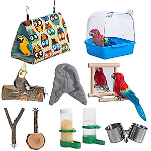 Bird Perches Parakeet Cage Accessories - Natural Wooden Parrot Stand Branch Budgie Bath Mirror Hammock Winter Warm Hanging Nest Hut Cockatiel Water Feeder Dispenser